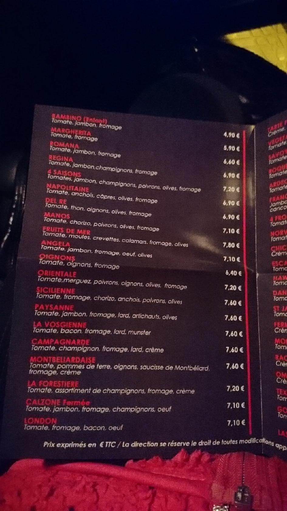 Menu at Pizz'Rapido pizzeria, Étupes