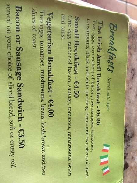 Menu at The Irish Anvil Bar, Playa Blanca