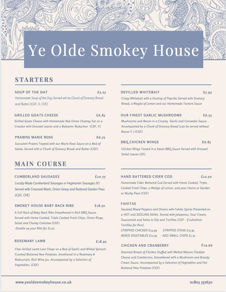 Menu at Ye Olde Smokey House pub & bar, Paignton
