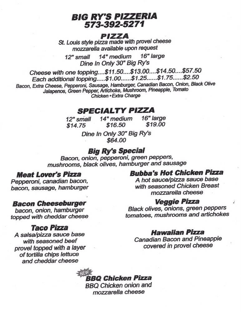 Menu at Big Ry's Pizzeria, USA