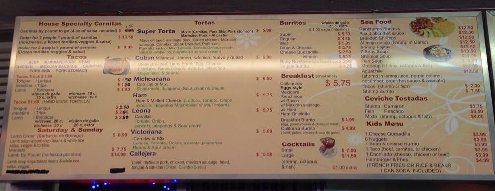 Menu at Carnitas Michoacan restaurant, Ceres