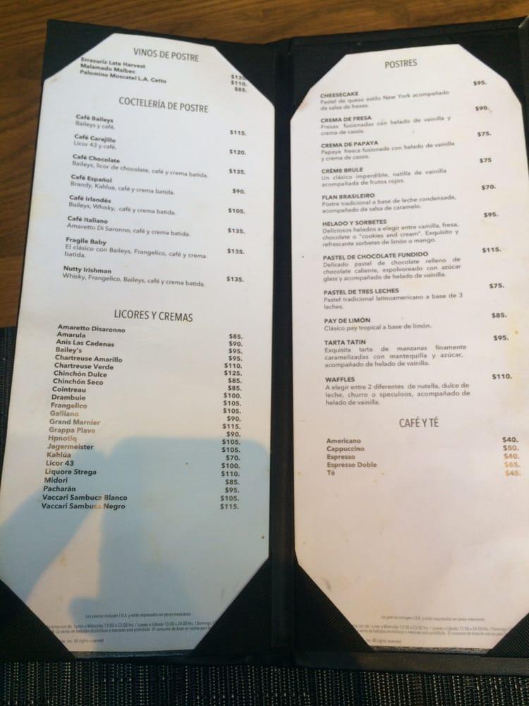 Menu at Fogo de Chão steakhouse, Mexico City, Alejandro Dumas 105