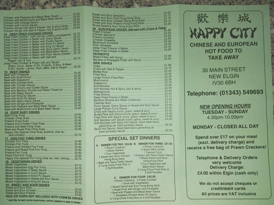 Menu at Happy City fast food, Elgin