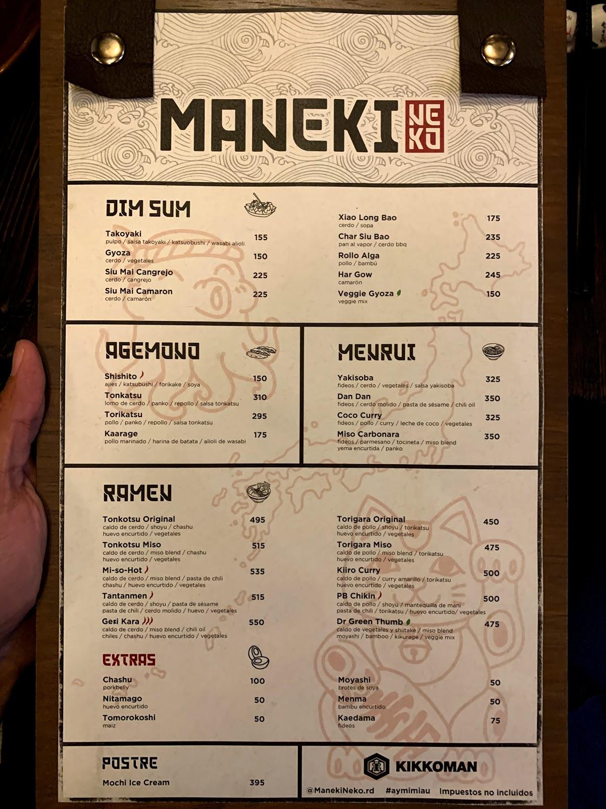 Menu at Maneki Neko restaurant, Santo Domingo
