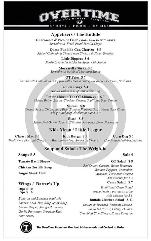 Menu at OverTime Sports Bar, Chicago