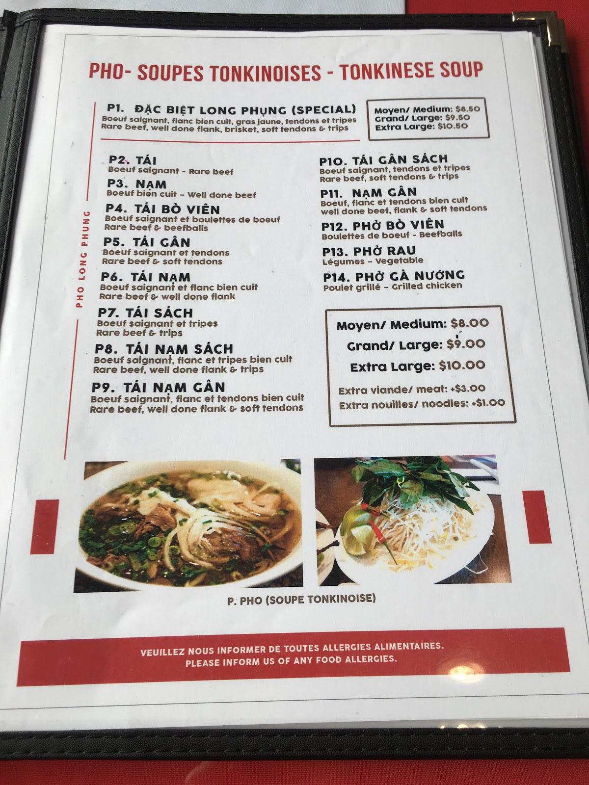 Carta del restaurante Phở Long Phụng, Montréal