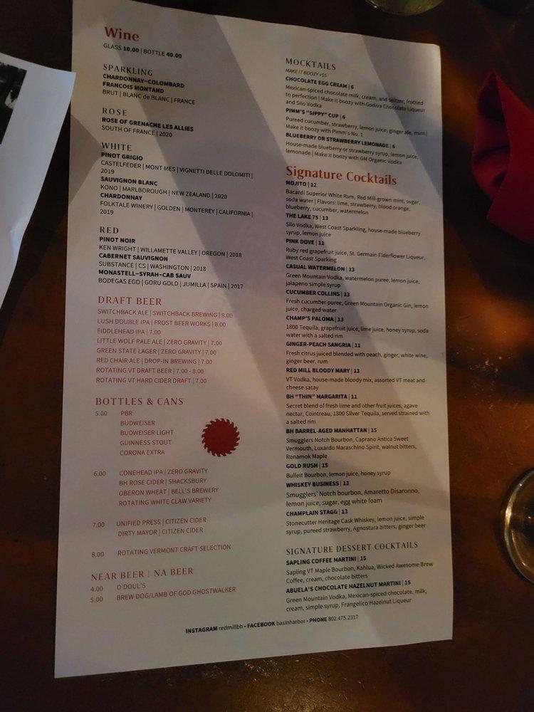 Menu at Red Mill Restaurant, Ferrisburgh, Basin Harbor Rd
