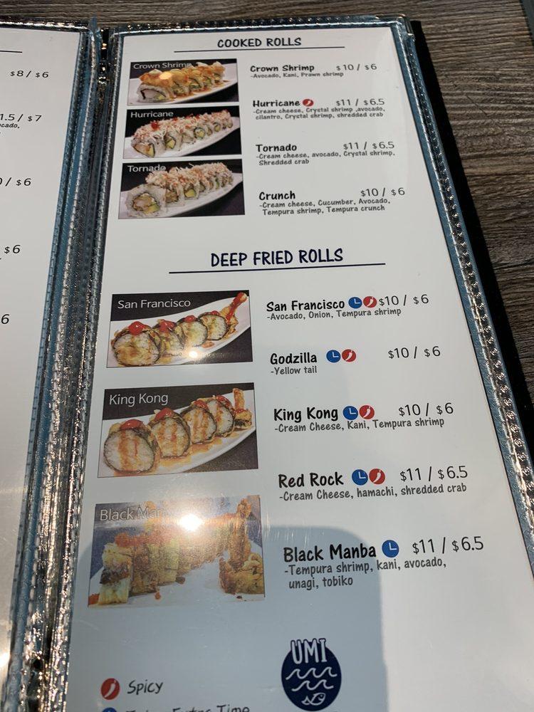 Menu at Umi Sushi restaurant, Reno