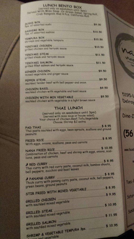 Menu at nana noodles and sushi bar, Delray Beach