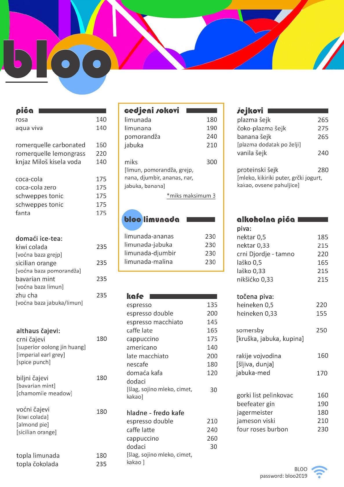 Menu at Bloo kafić cafe, Belgrade
