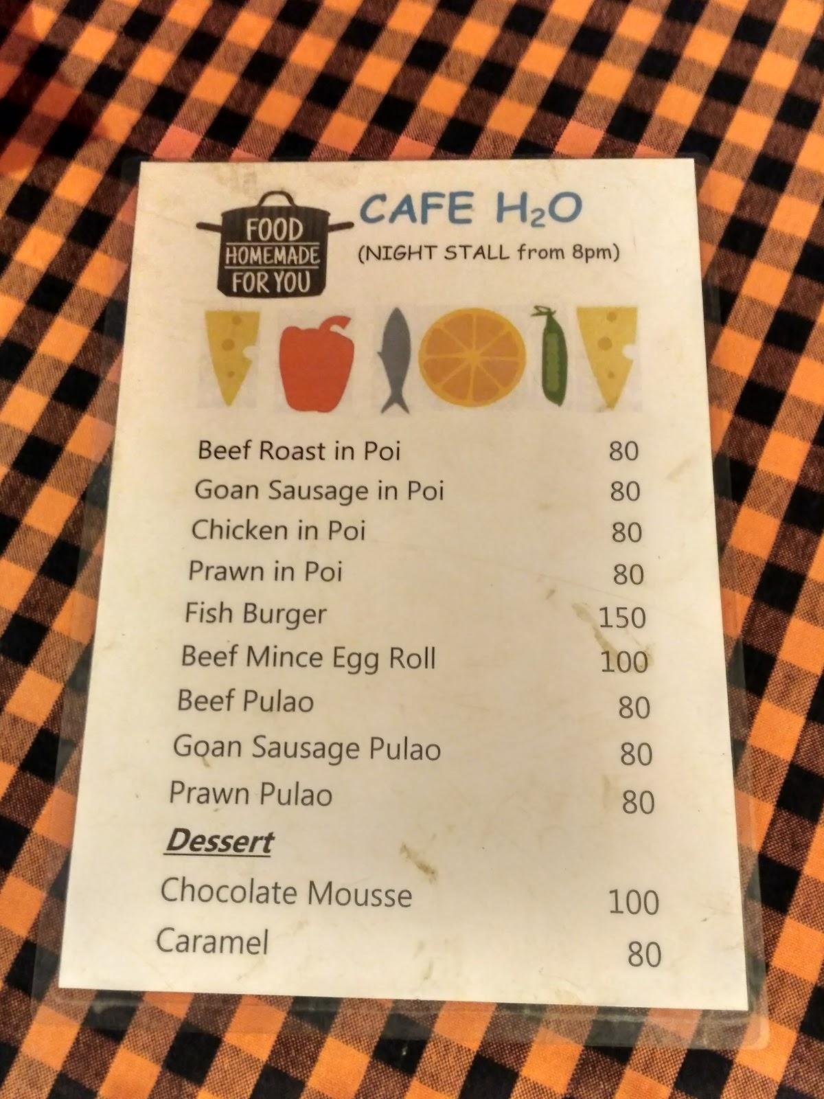 Menu at Cafe H2O, Anjuna