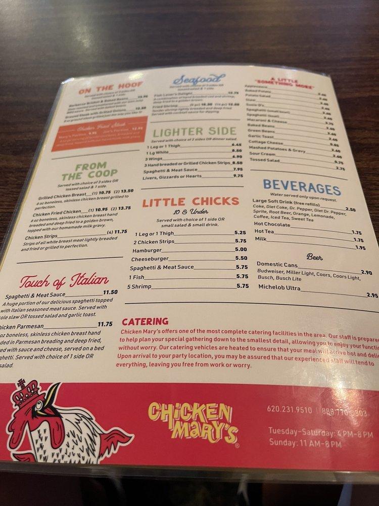 Menu at Chicken Mary's restaurant, Pittsburg, E 600th Ave