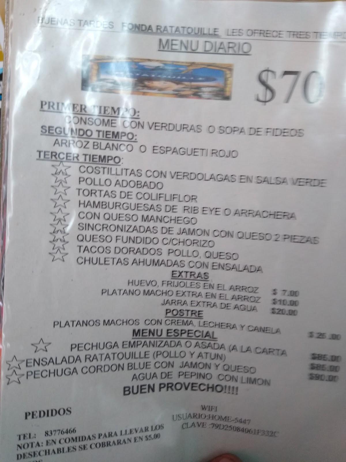 Menu at Cocina Ratatouille restaurant, Mexico