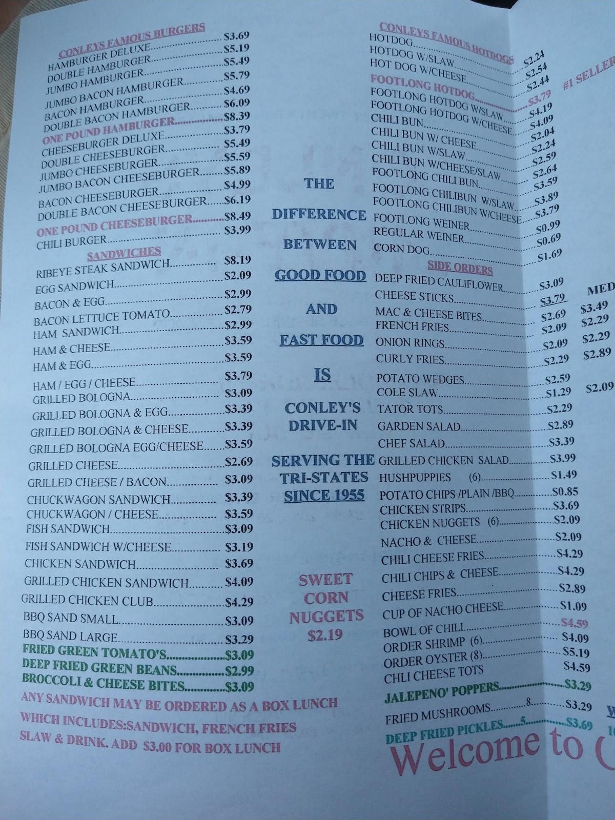 Menu at Conley's Drive-In Restaurant, Middlesboro