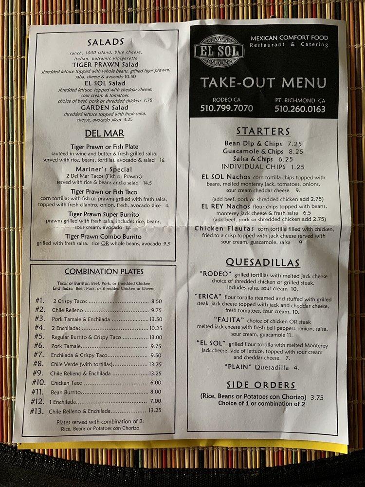 Menu at El Sol Restaurant & Catering, Rodeo