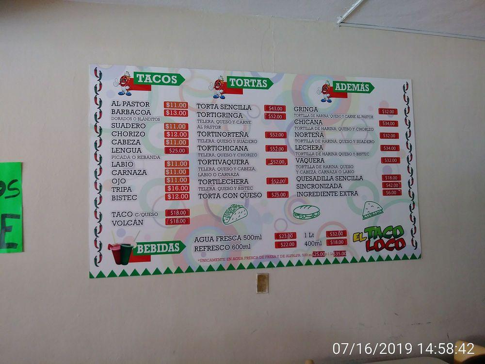Menu at El Taco Loco restaurant, Colima, Felipe Sevilla del Río 364-Int. A