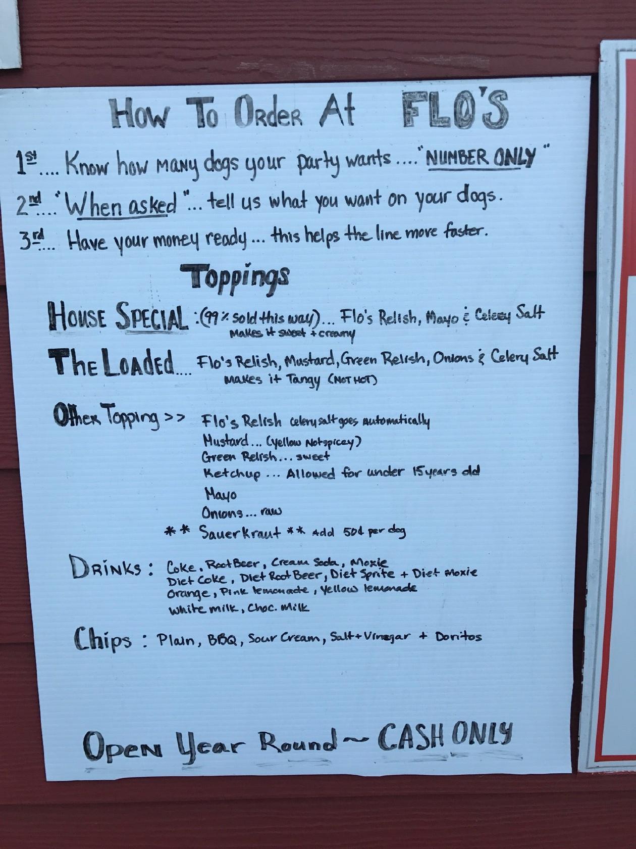 Menu at Flo's Hot Dogs restaurant, York