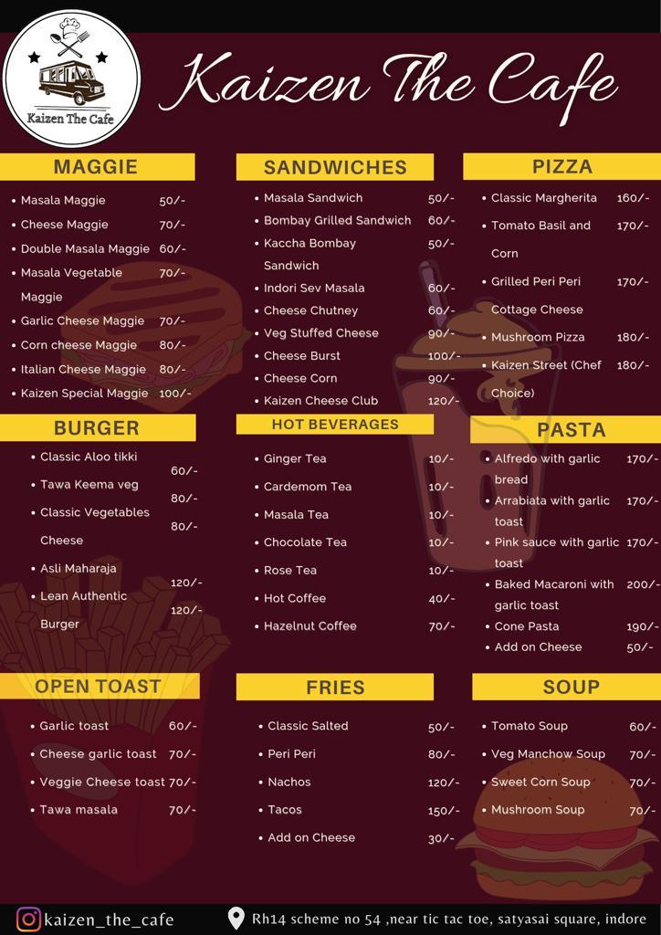 Menu at Kaizen the cafe, Indore, Satyasai square near coka near giriraj ...