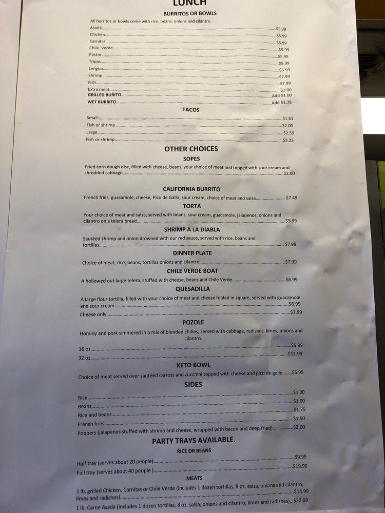 Menu at Llamas Mexican Grill restaurant, Bakersfield