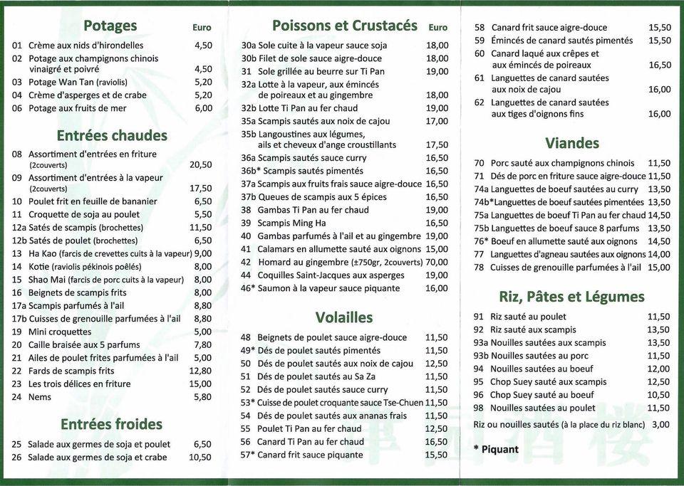 Menu au Pavillon Des Delices, Wavre