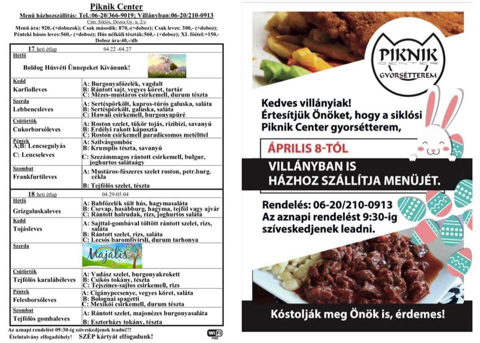 Menu at Piknik Center restaurant, Siklós