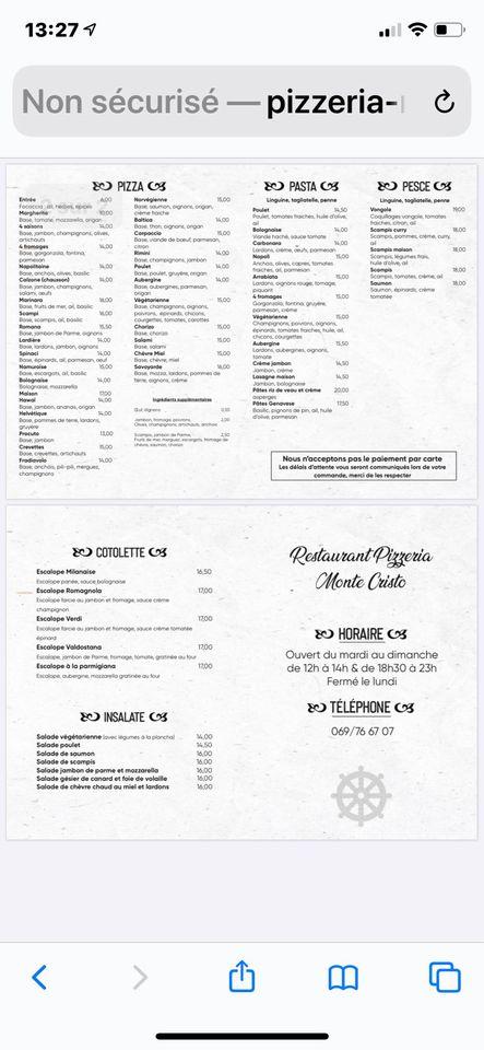 Menu au Pizzeria Monte Cristo, Tournai