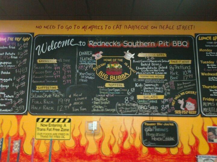 Menu at Redneck's BBQ, Kingman