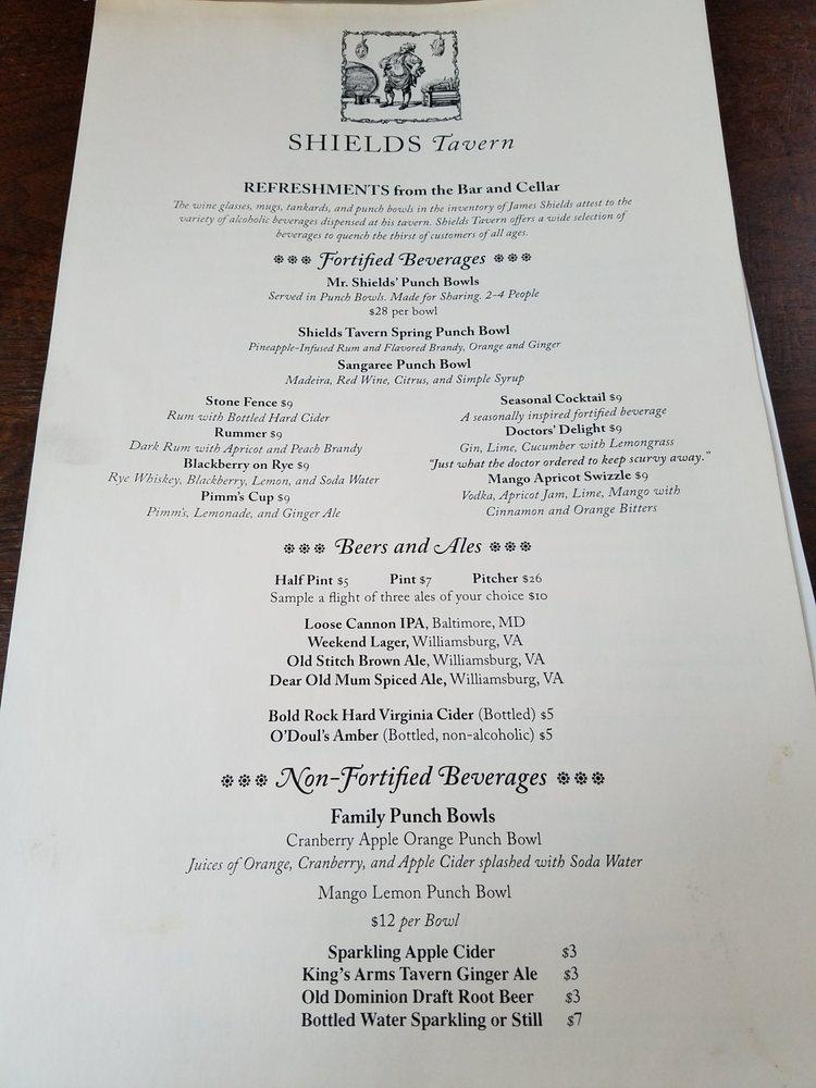 Menu at Shields Tavern restaurant, Williamsburg
