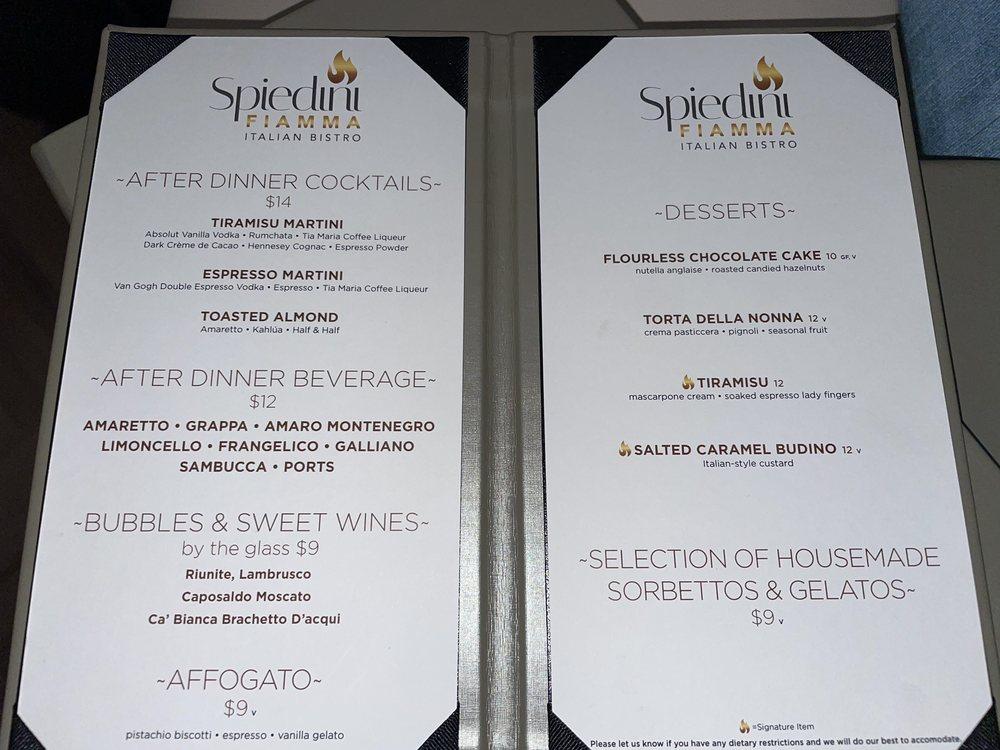 Menu at Spiedini Fiamma Italian Bistro restaurant, Las Vegas