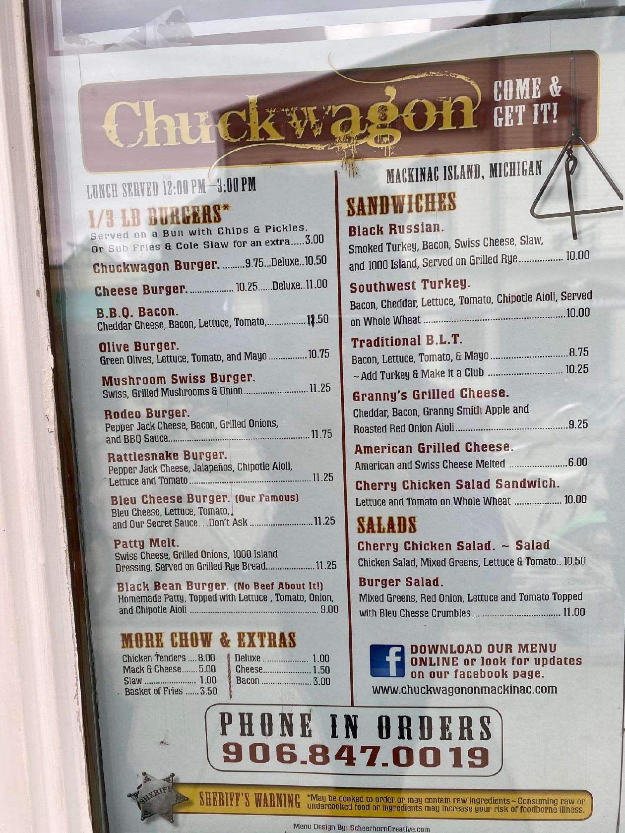 Menu at The Chuckwagon restaurant, Mackinac Island