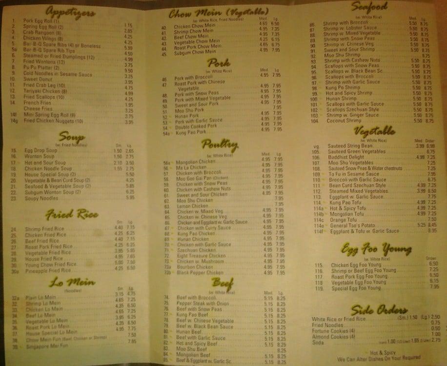 Menu at Wong Wong restaurant, Lexington