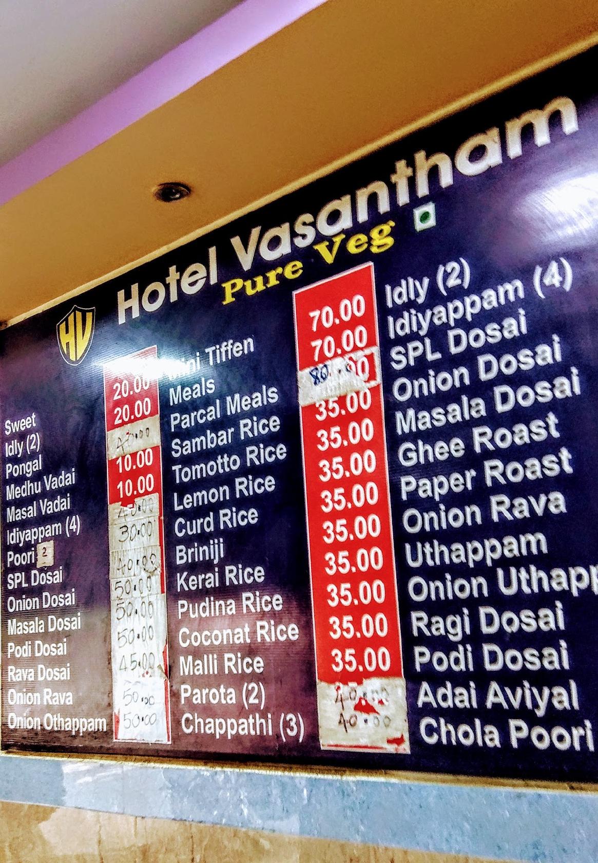 Menu at Hotel Vasantham, Chennai, 48th Street