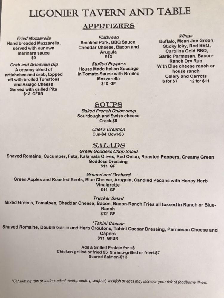 Menu at Ligonier Tavern & Table pub & bar, Ligonier, 139 W Main St