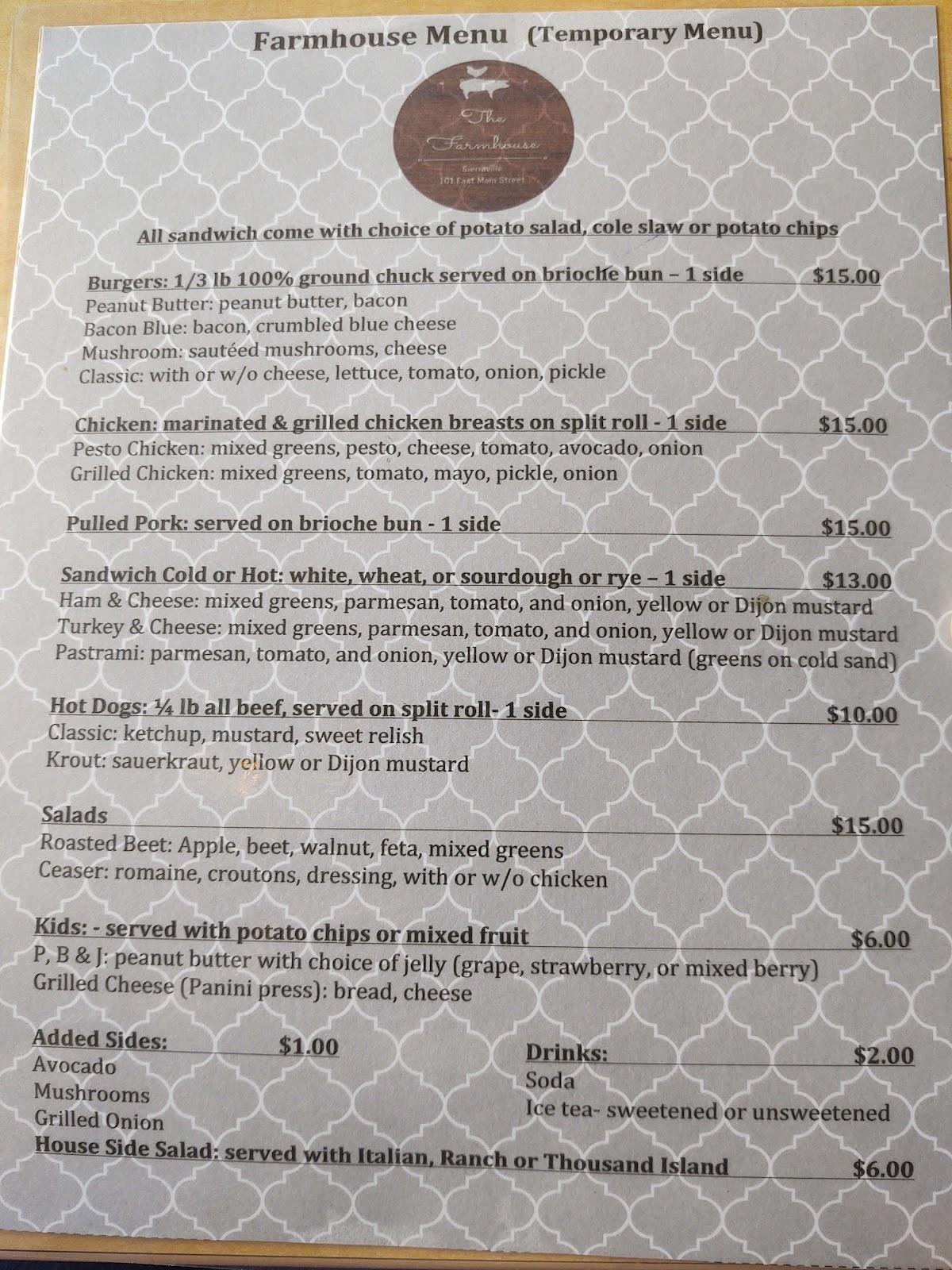 Menu at The Farmhouse cafe, Sierraville