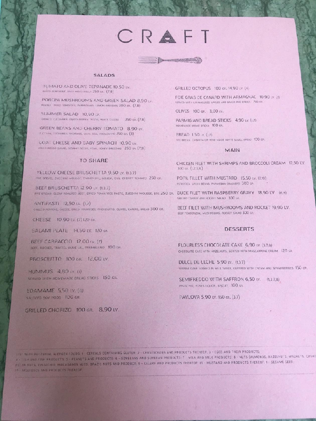 Menu at CRAFT restaurant, Sofia, ul. "Tsar Asen" 53