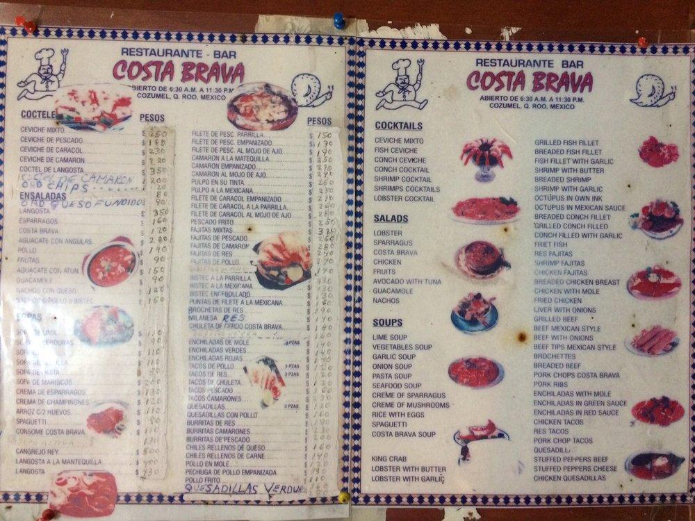 Menu at Costa Brava restaurant, San Miguel de Cozumel