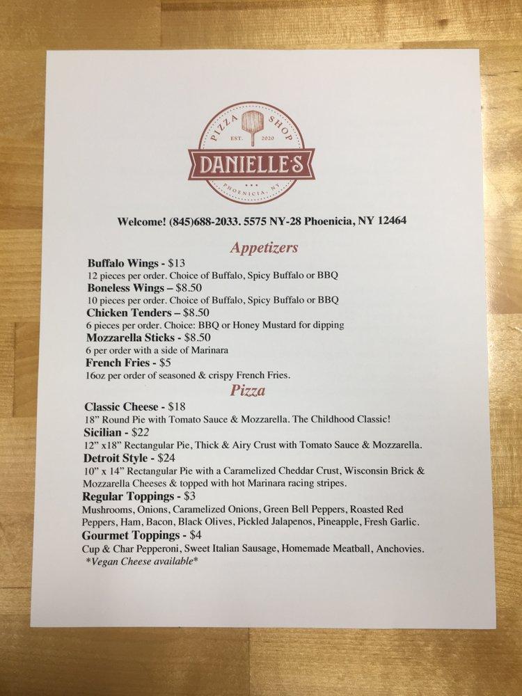 Menu at Danielle's Pizza Shop pizzeria, Phoenicia