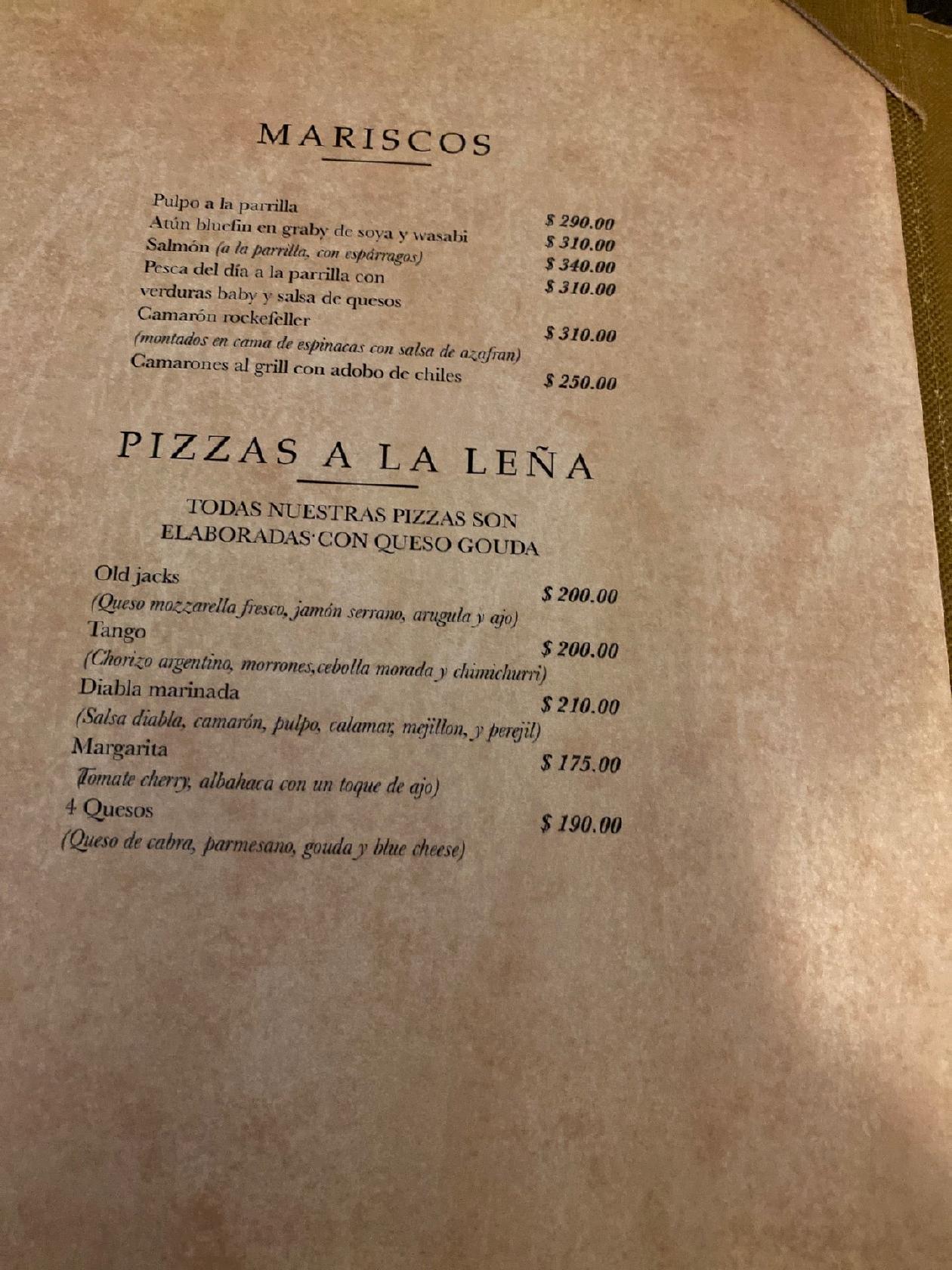 Carta del restaurante El Tango, Zapopan