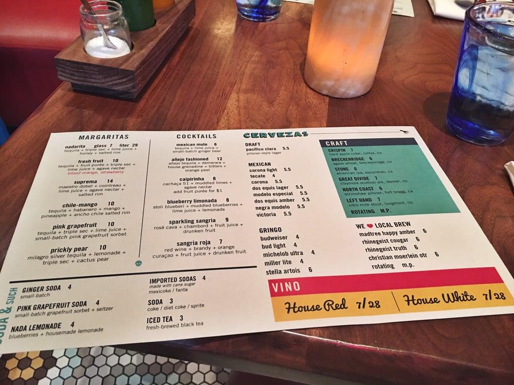 Menu at Nada restaurant, Cincinnati