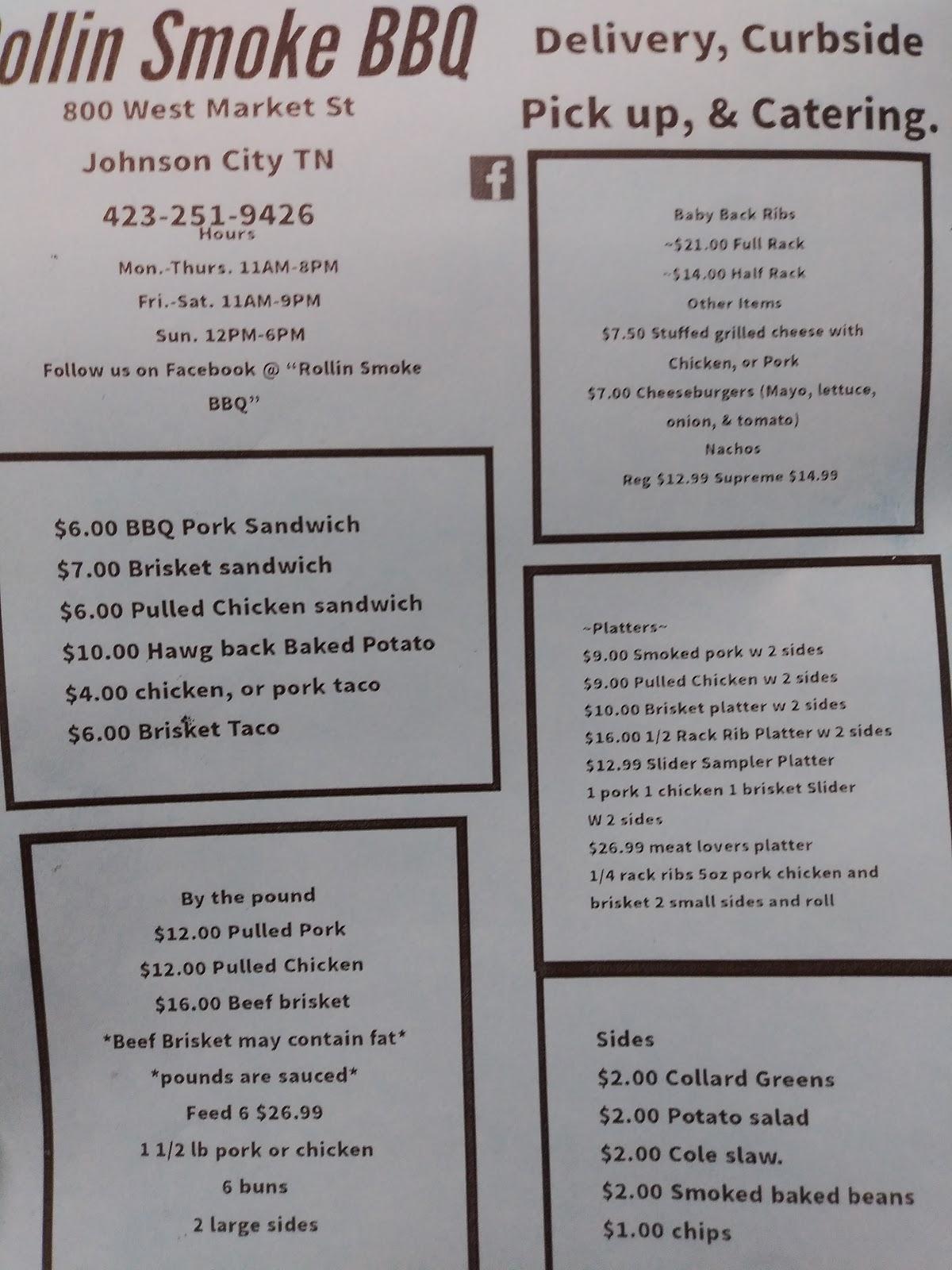 Menu at Rollin smoke bbq, Johnson City, 715 W Walnut St