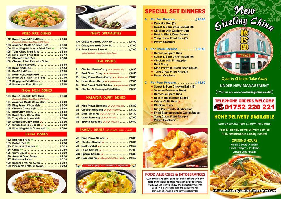Menu at Sizzling China fast food, Plymouth