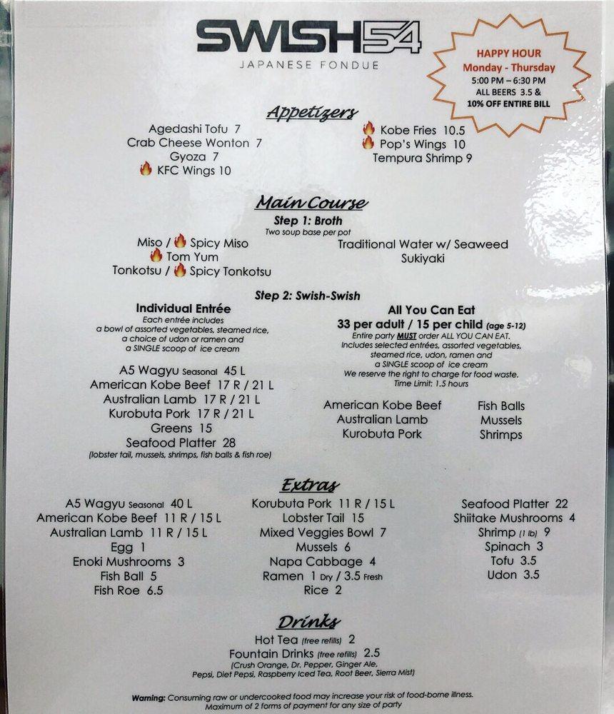 Menu at Swish 54 restaurant, Elk Grove