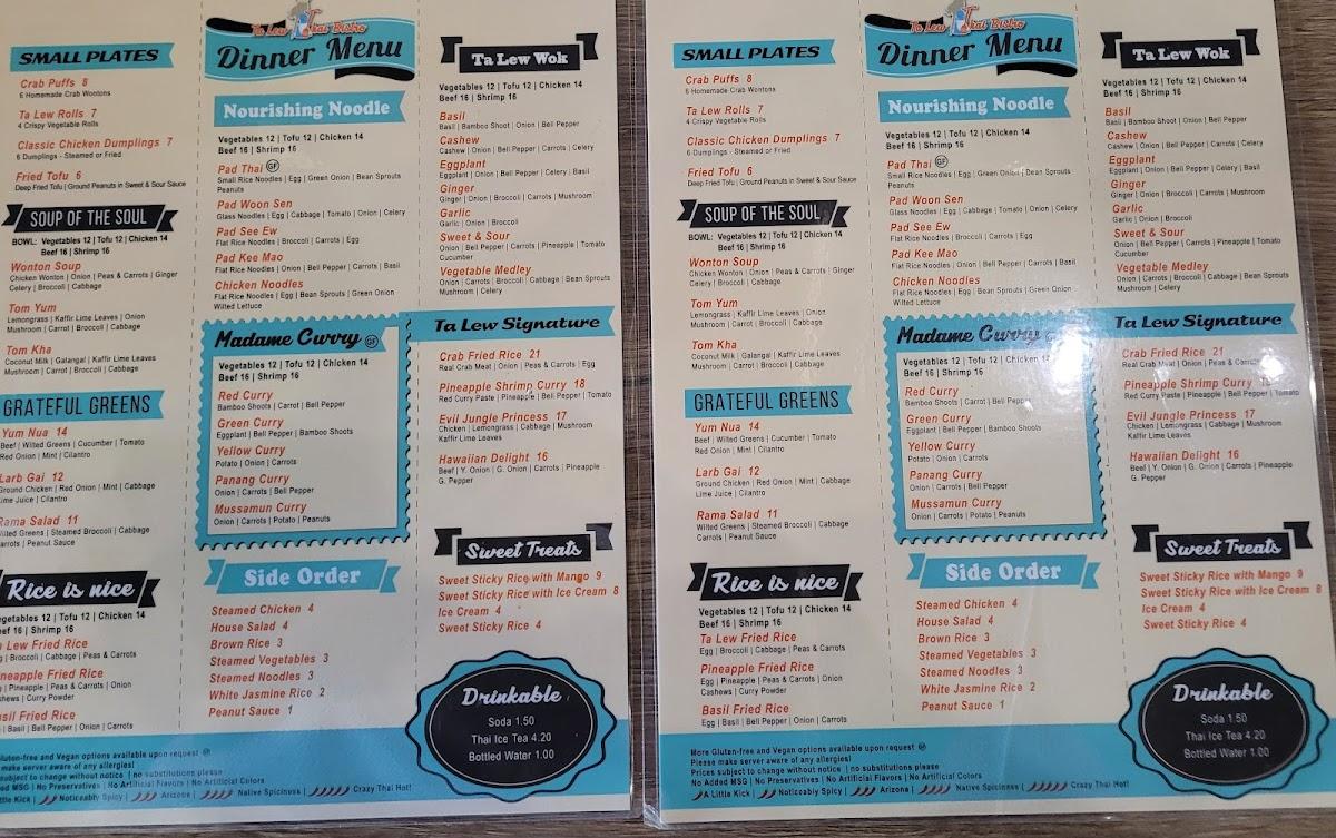 Menu at Ta Lew Thai Bistro 2 restaurant, Gilbert