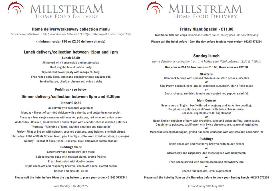 Menu at The Millstream Hotel & Sea School Restaurant, Chichester