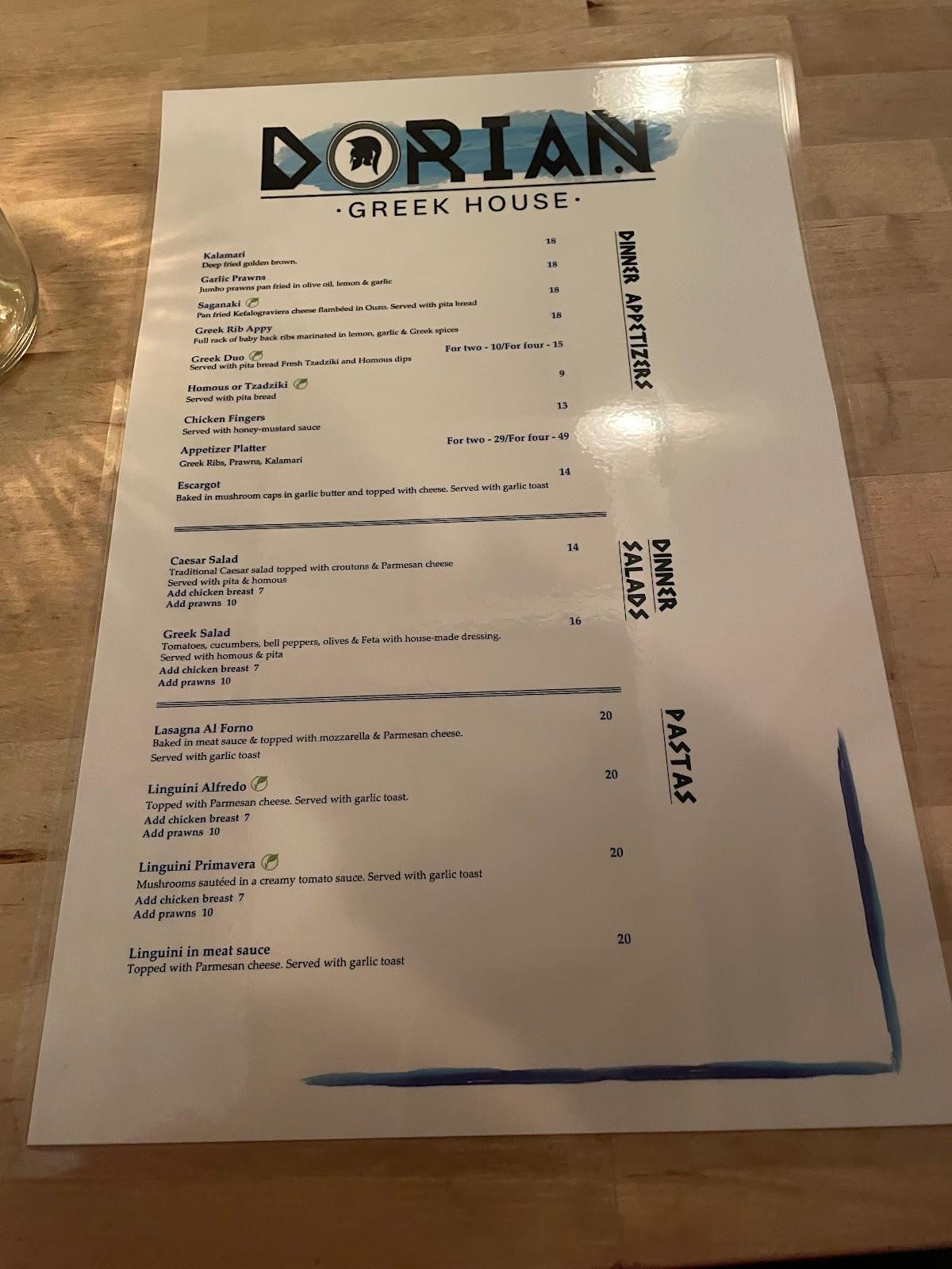Menu at Dorian Greek House restaurant, Kamloops