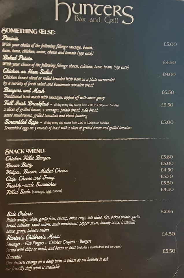 Menu at Hunters Bar, England, 106 Cushendall Rd