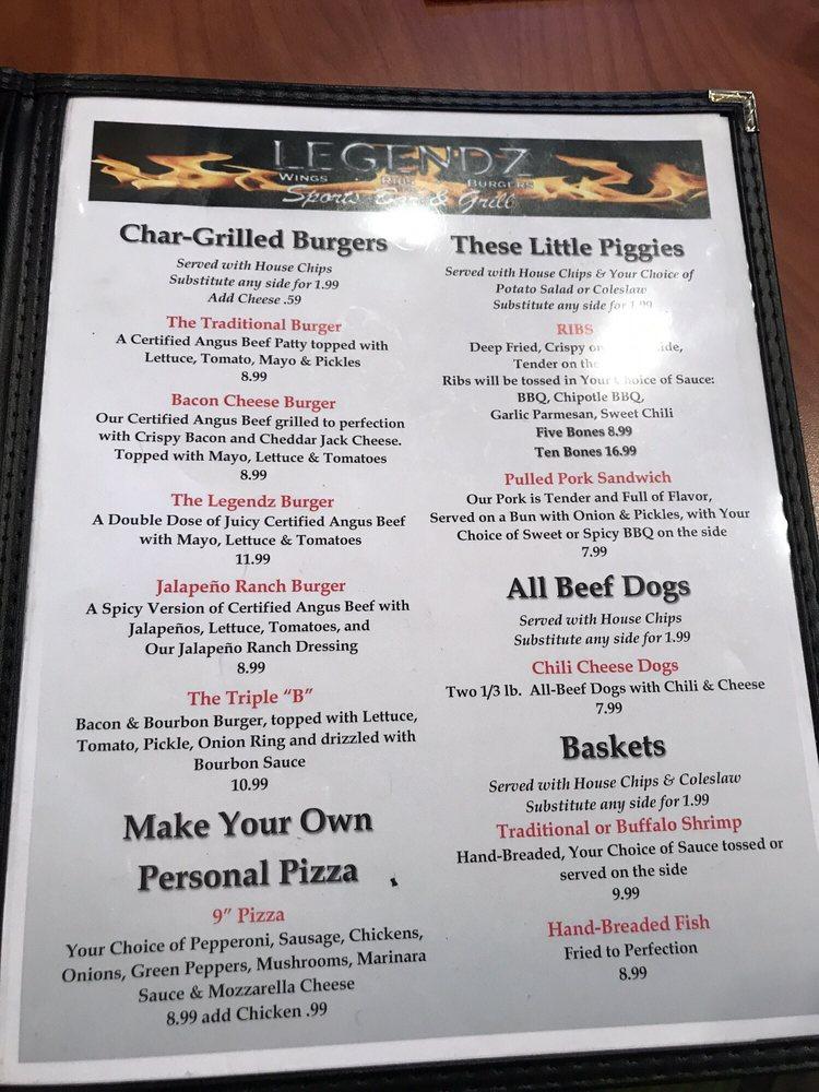 Menu at Legendz Sports Bar and Grill, French Lick
