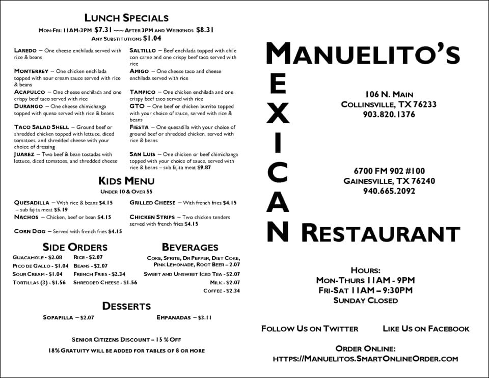 Menu at Manuelito's Mexican Restaurant, Lake Kiowa