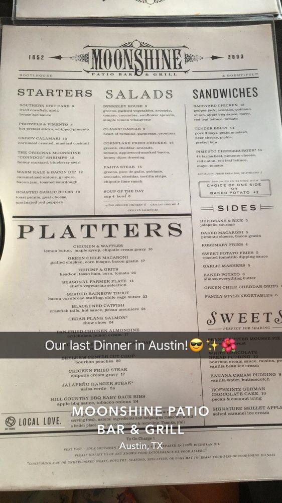 Menu at Moonshine Grill pub & bar, Austin, 303 Red River St