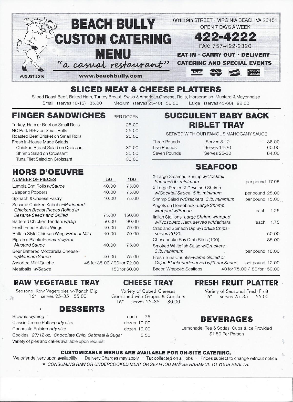 Menu at The Beach Bully BBQ, Virginia Beach